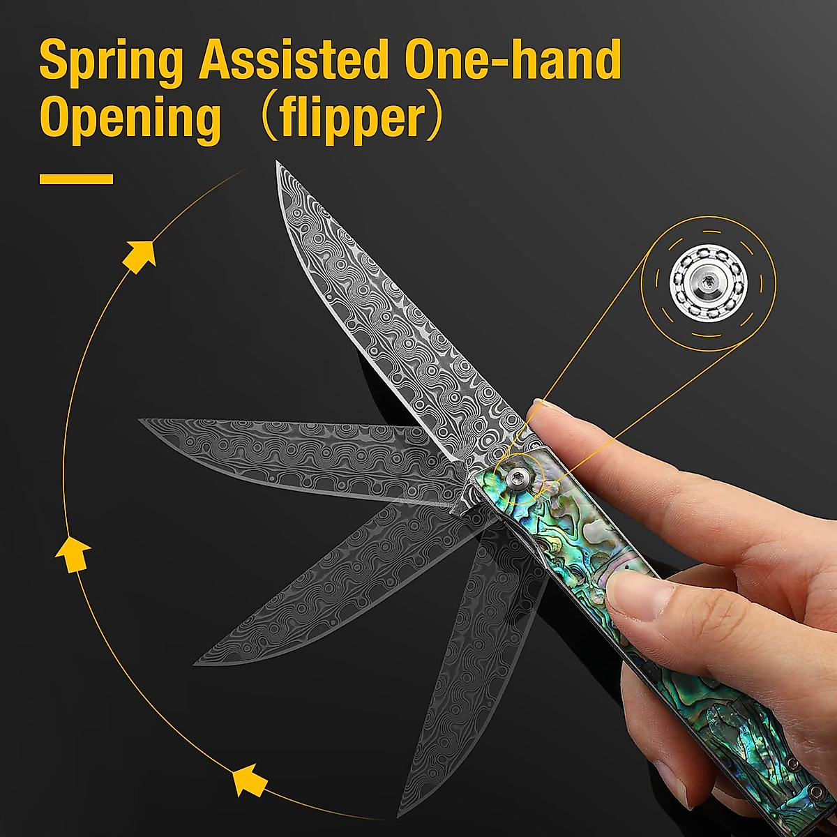 AUGENWEIDE Damascus Steel Pocket Knife, Abalone Handle, Damascus Knife with for Men, Great As Father's Valentine's Day Christmas Day Gift (A-KNIFE WITH SHEATH)