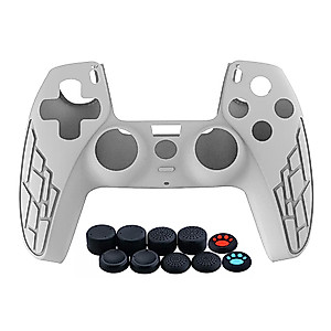 Silicone Cover Thickened Case for Sony PS5 Controller Skin Anti-Slip Grip Case for PS 5 DualSense Controller Dustproof Protector Shell with 10 Pro Thumb Grips (White -Thicken)