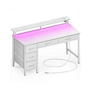Seventable Computer Desk with Power Outlets & LED Light, 39 inch Home Office Desk with 5 Drawers, Writing Desk with Monitor Stand, Work Desk for Home Office, White