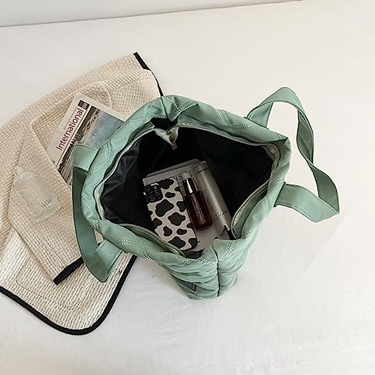 TWOYOMN Oxford Tote Bags for Women Quilted Tote Handle Large Capacity Lightweight Aesthetic Pure Color Tote Work/Business bag (Green)