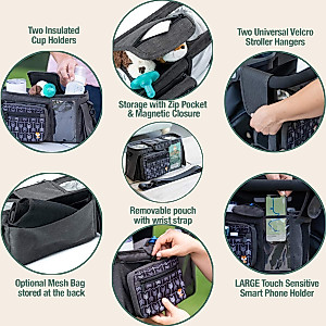 OmniKit Baby Stroller Organizer with LARGE Smart Phone Holder by Lil Fox. Stroller Bag Bottle and Stroller Cup Holder, Stroller Caddy for Baby Things. Stroller Accessories, Unisex Baby Shower Gifts