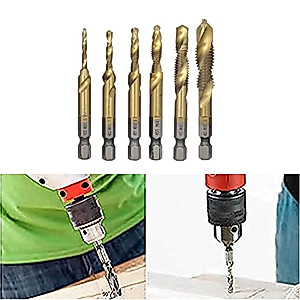 6pcs 1/4 inch Titanium Combination Drill and Tap Bits Set Screw Tapping Bit Tool for Tapping Metric (M3-M10) Drilling Tapping and Countersinking HSS4341 Steel