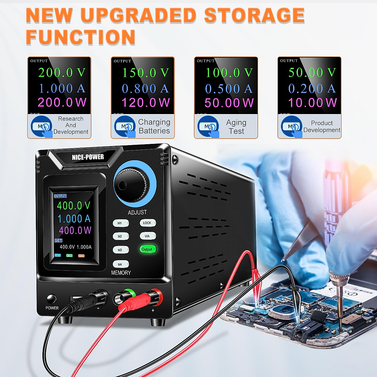NICE-POWER DC Power Supply Variable, 0-400V 0-1A High Voltage Bench Power Supply with Memory Storage and Encoder Knob, Adjustable Regulated DC Power Supply with Output Switch, Lock Button,PC Software