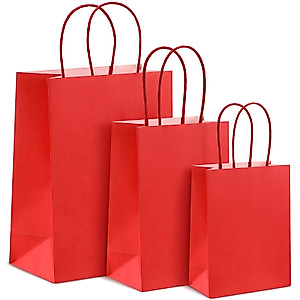 24 Pieces Gift Bags Kraft Paper Bags with Handles Goodie Bags Colored Treat Bags Candy Bags Birthday Party Favors Gift Wrap Bags for Shopping Wedding Valentine's Day Gifts Decorations, 3 Size (Red)