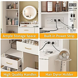 White Vanity Desk with Mirror and Lights & Full Length Mirror, Vanity Mirror with Lights Desk and Chair & Charging Station, 4 Drawers and Lots Storage Shelves