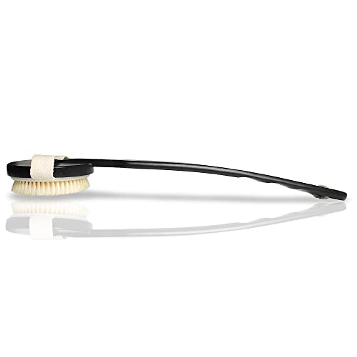 OWIIZI Black Bath Brush Wooden Curved Long Handle Body Brush for Exfoliating, Large Surface Natural Soft Bristle Shower Scrubber for Back Use Wet or Dry