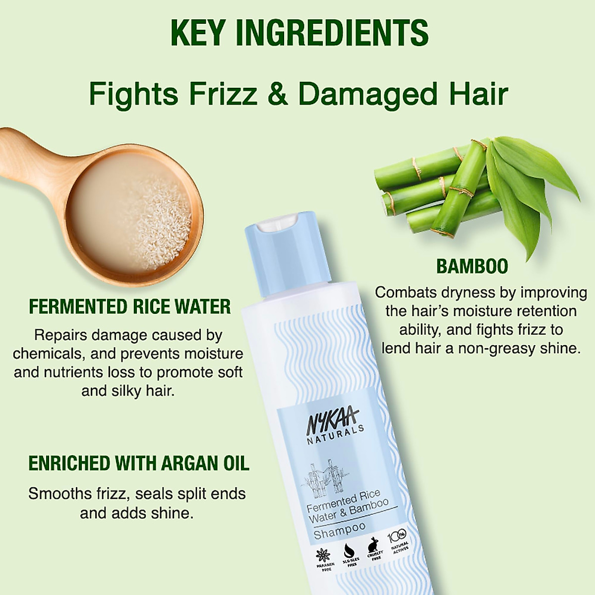 Nykaa Naturals Shampoo, Fermented Rice Water and Bamboo, 13.52 oz - Gentle Cleanser - Restores Dry, Damaged, Frizzy Hair - Provides Intense Hydration