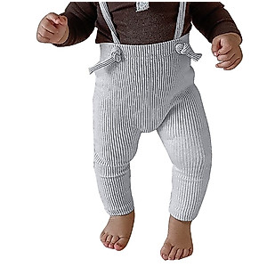 U·nikaka Cotton Rib-Knit Legging Pants with Suspenders Solid Mustard Cream Brown Baby Unisex Pants Adjustable Knot Straps Leggings Grey, 12-18 Months