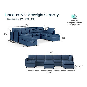 LINSY HOME Modular Sectional Sofa, Oversized Sectional Couch with Storage, Ottomans, Modular Sectional Sleeper Sofa with Memory Foam, 9 Seat U Shape Sofa Set for Living Room, Blue