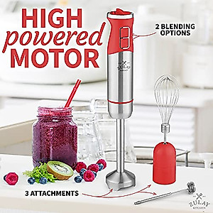Zulay Kitchen Immersion Blender Handheld 500W - 8 Speed Copper Motor Immersion Hand Blender - Heavy Duty Stick Blender Immersion With Stainless Steel Whisk and Milk Frother Attachments (Red)