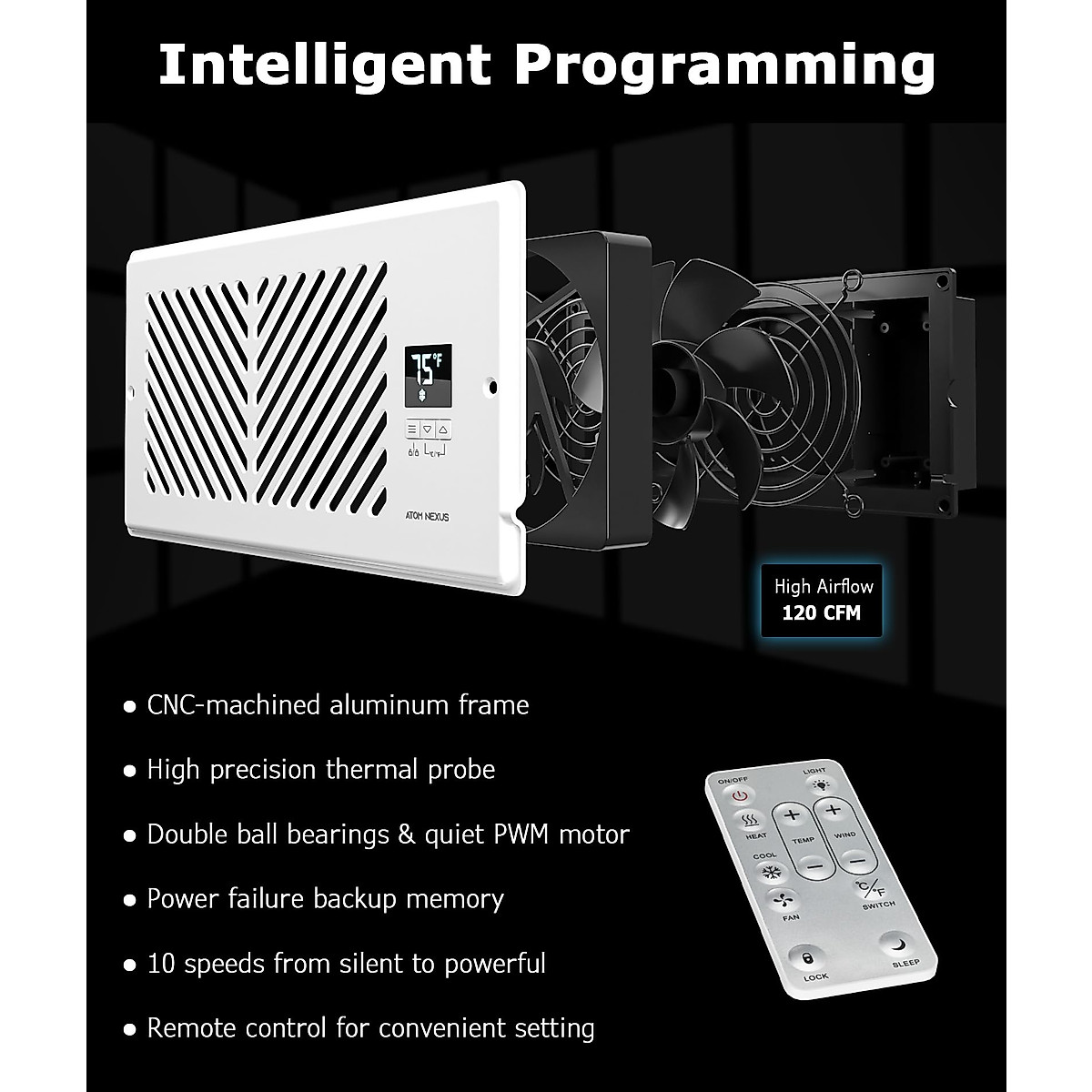 ATOM NEXUS AirBlaze Z4, Quiet Register Booster Fan Fits 4”x10” Register Holes, Smart Vent Booster Fan With Thermostat Control & Remote Control, 10-Speed Control Heating Cooling AC Vent Fan (White)