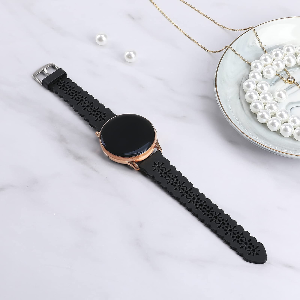 Lace Silicone Band 20mm Compatible for Samsung Galaxy Watch 4/5/6/Active Band 40MM 44MM,Galaxy Watch 4/6 Classic 46MM 42MM 43MM 47MM/Watch 5 Pro/Watch 3 41mm, Soft Silicone Strap for Women (black)