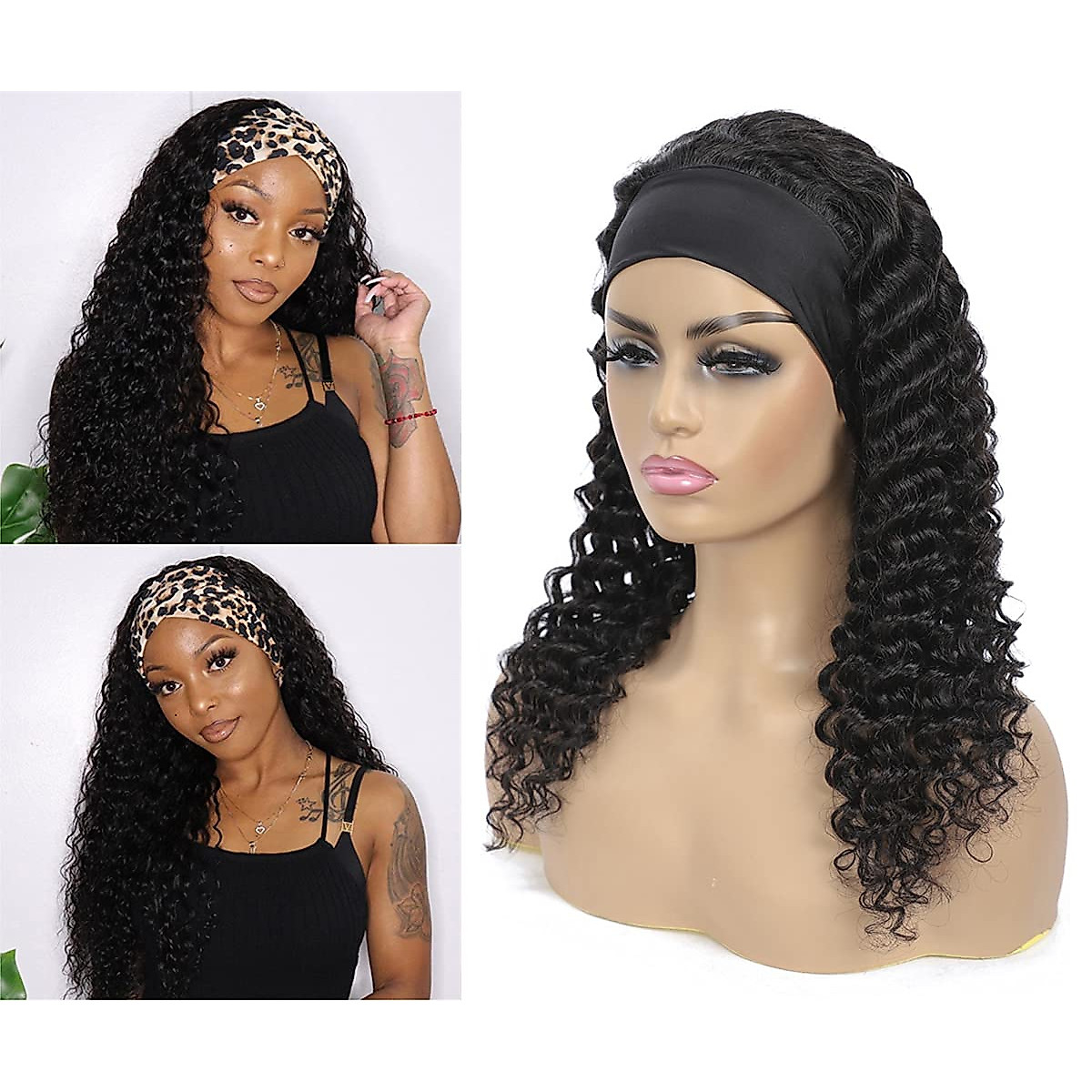 WENYAN Headband Wig Human Hair Deep Wave 16 Inch Wigs for Black Women Glueless None Lace Front Curly Wave Wig Brazilian Virgin Hair Wear and Go Wigs Machine Made 150% Density Wigs Natural Color