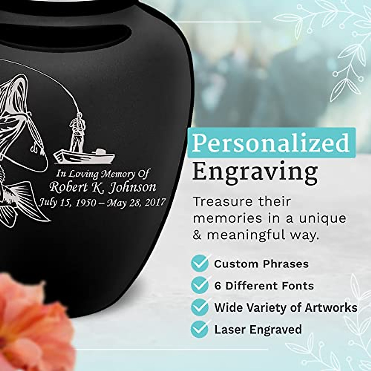 GetUrns - Embrace Fisherman Urns for Human Ashes, Cremation Urns for Adult Ashes Men & Women, Cremation Urn for Home, Vault, or Niche, 200 cu. in, Custom Single Engraving, Black