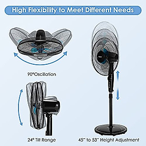 COSTWAY Pedestal Fan, 18-Inch Adjustable Height Fan, 3-Speed Digital Control, Timer, LCD Display, Double Blades, Remote Control, Quiet Oscillating Stand Fan for Home, Office, Bedroom