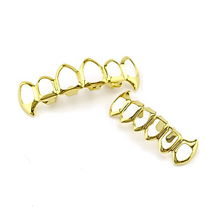 Psivika Gold Plated Shiny Hip Hop Teeth Grillz Caps Iced Out CZ Top and Bottom Vampire Fangs Grillz for Men and Women (Gold)