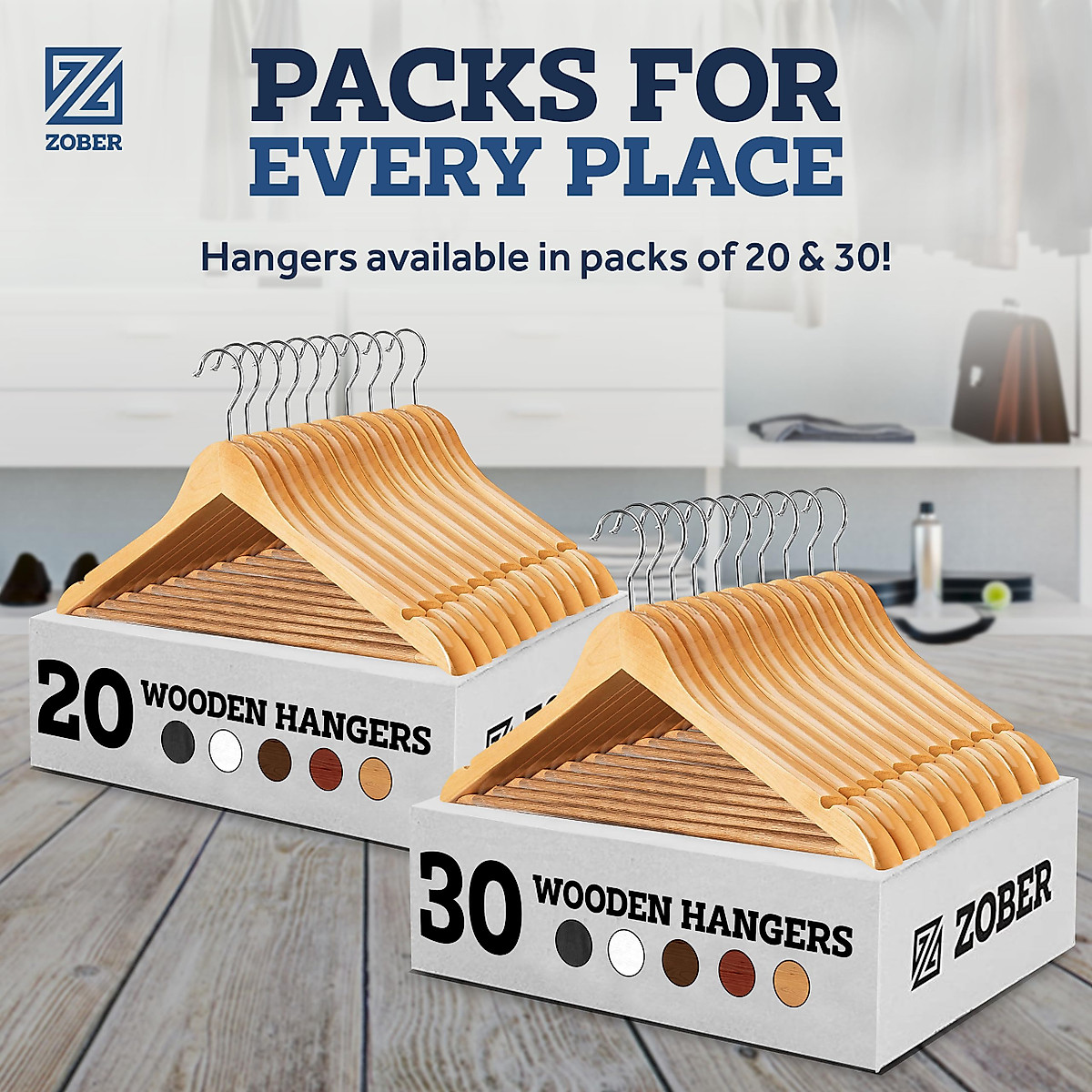 Zober Wooden Hangers 20 Pack - Non Slip Wood Clothes Hanger for Suits, Pants, Jackets w/ Bar & Cut Notches - Heavy Duty Clothing Hanger Set - Coat Hangers for Closet - Natural