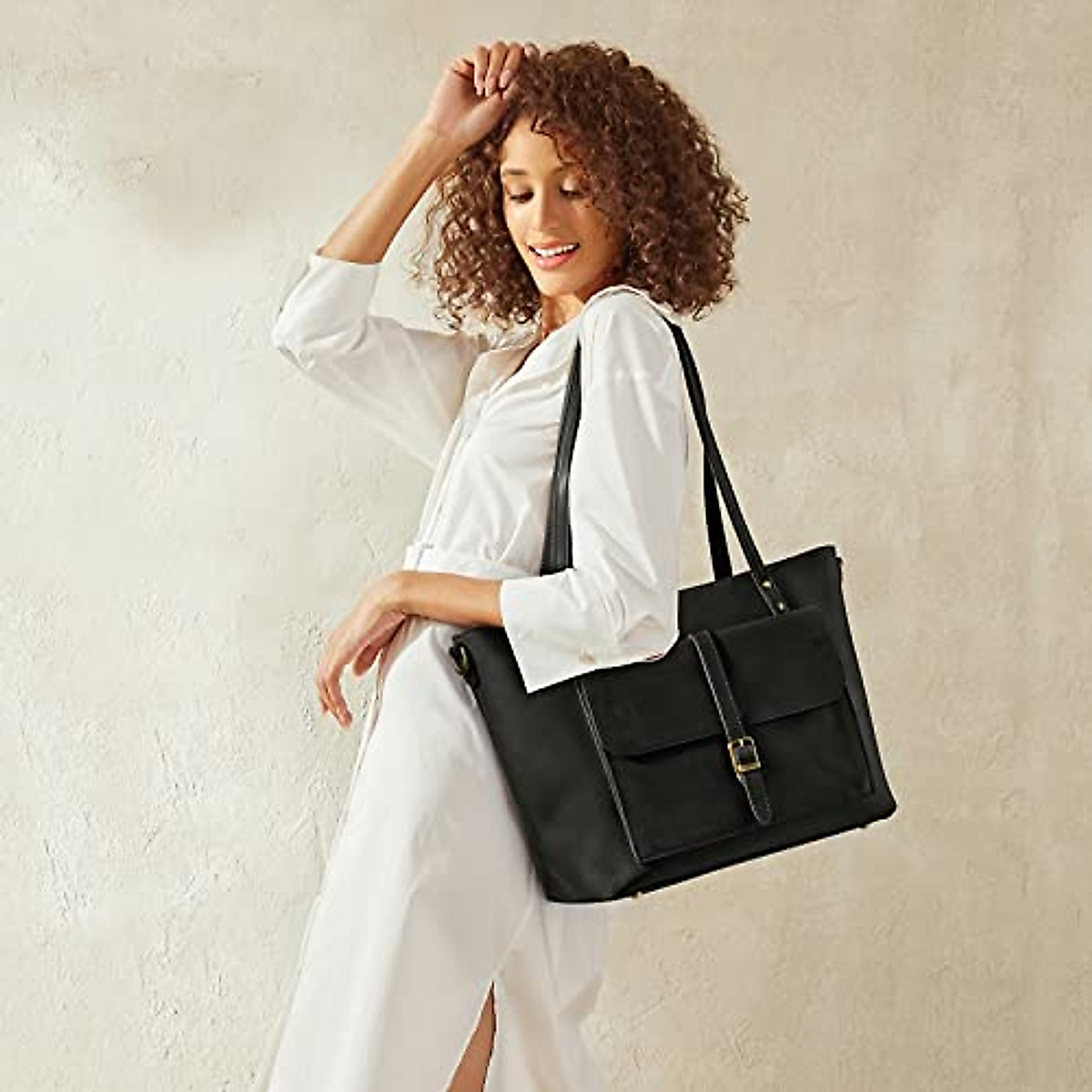 S-ZONE Women Genuine Leather Tote Bag Shoulder Handbag Bundle with Crossbody Bucket Purse