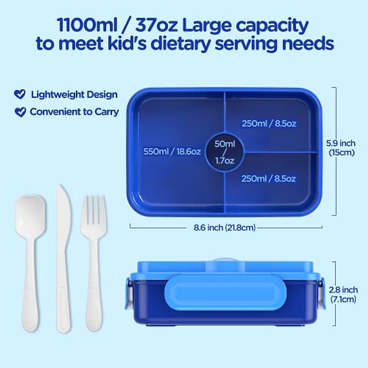 Jelife Bento Lunch Box for Kids - Leakproof Large Bento-Style Bento Boxes with 4 Compartments Portions Lunch Box with Tableware for Kids Back to School, Reusable On-the-Go Meal and Snack Packing, Blue