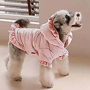 Fitwarm Ruffle Quilted Dog Coat, Pet Puffer Jacket with Hood, Dog Winter Clothes for Small Dogs Girl, Cat Hooded Outfit, Pink, Small
