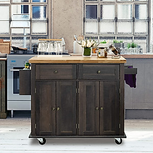 NSdirect Kitchen Island Cart,Kitchen Bar&Serving Cart Rolling on Wheels with Spice Rack Towel Holder Utility Storage Trolley with Storage Drawers for Home Hotel Kitchen Dinning Room (Dark Brown)