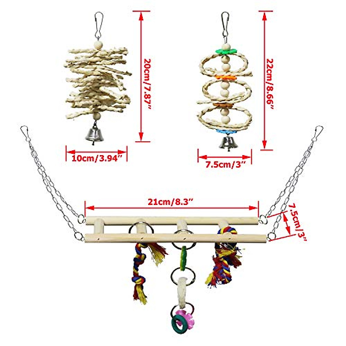 BWOGUE 7 Packs Bird Parrot Toys Natural Wood Chewing Toy Bird Cage Toys Hanging Swing Hammock Climbing Ladders Toys for Small Parakeets, Cockatiels, Conures, Finches,Budgie, Parrots, Love Birds