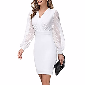 Ladies Sexy Vintage Night Day Club Dress with Long Sleeve Bodycon Wrap Dress V Neck All White XL