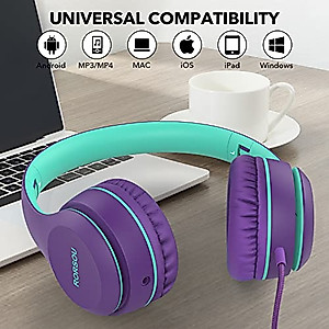 RORSOU K5 Kids Headphones with Microphone for shchool, Volume Limiter 85/94dB, Foldable Stereo Tangle-Free 3.5mm Jack Wired Cord On-Ear Headphones for Children/Boys/Girls/Kindle/Tablet/MP3/4 (Purple)