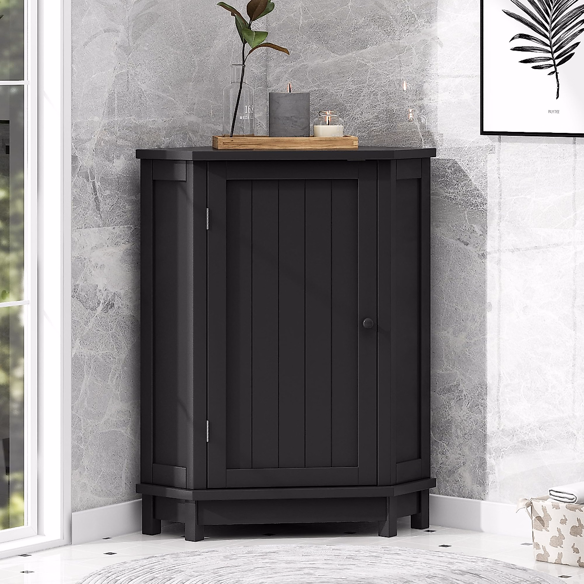Mancofy Home Corner Storage Cabinet, Bathroom Triangle Corner Floor Cabinet, Wood Freestanding Corner Cabinet with Single Door and Shelves (Black)