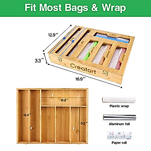 Creatart Bamboo Foil and Plastic Wrap Dispenser with Cutter 6 in 1 Ziplock Bag Storage Organizer for Drawer 12" Food Storage Bag Organizer for Gallon, Quart, Sandwich and Snack