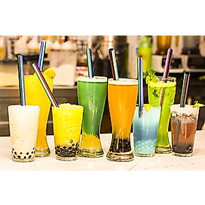5 Pcs 10" Reusable Boba Straws & Smoothie Straws - Rainbow Colors & Angled Tips, 0.5" Wide Stainless Steel Straws, Metal Straws for Bubble Tea, Milkshakes, Jumbo Drinks | 2 Cleanning Brushes & 1 Case