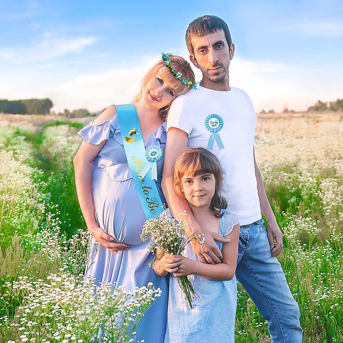 Blue and Gold Mom to Be Sash Kit Gender Reveals Party Floral Garland Crown with Daddy to Be Tinplate Badge Combo Decor Supplies Favors for Boys Baby Shower Party Photo Prop Gift