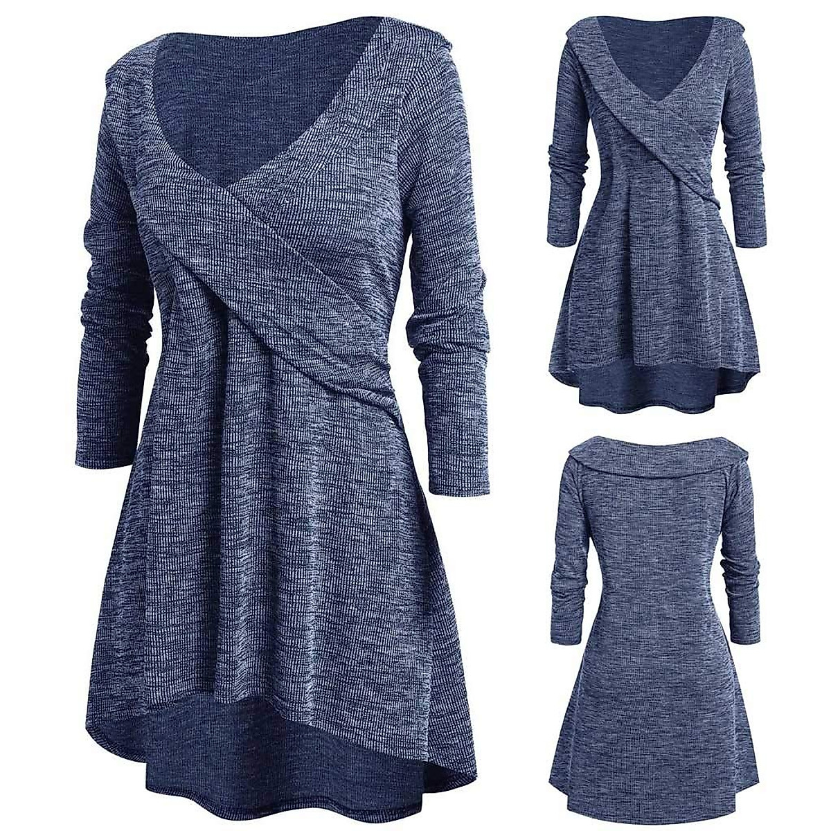 CapsA Women Halloween Gothic Sweatshirts Dress Long Sleeve High Low Pullover Plus Size V-Neck Tunic Plunging Neck Sweater Blue