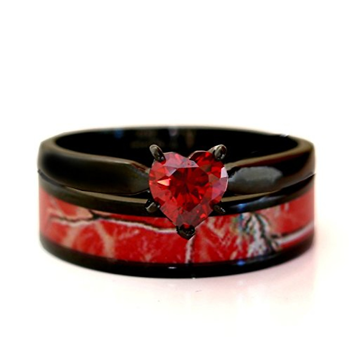 3 pc His & Hers Heart Red Camo Black Stainless Steel and Titanium Engagement Wedding Rings Set (Size His 09, Hers 06)