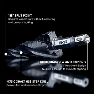 toolant Four Spiral Flute Cobalt Step Drill Bit(Pro Max), 1/4"-3/4" Impact Ready Unibit Step Drill Bit, 1/4" Hex Shank Step Bits for Metal, Stainless Steel, Aluminum, Wood, Plastic