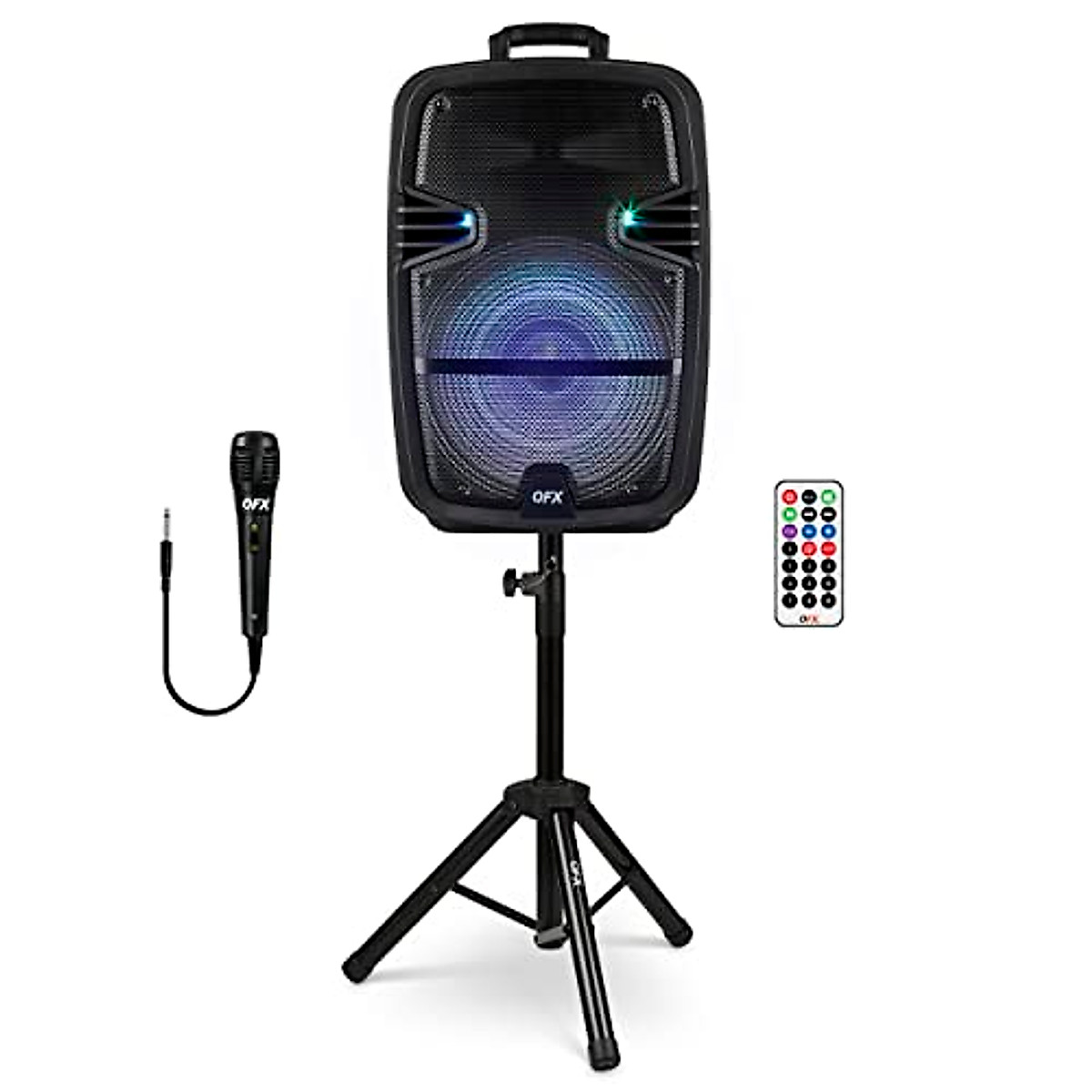 QFX PBX-616SM 15" Bluetooth Rechargeable Speaker with LED Lights, Mic and Stand