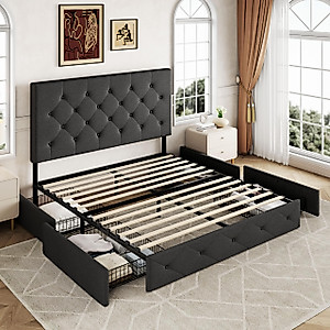 Allewie Upholstered Queen Size Platform Bed Frame with 4 Storage Drawers and Headboard, Diamond Stitched Button Tufted Mattress Foundation with Wooden Slats Support, No Box Spring Needed, Dark Grey