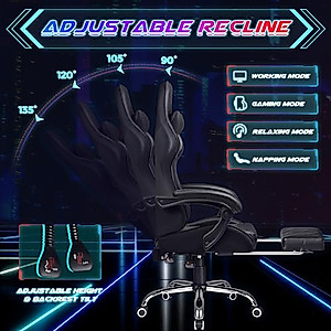 Shahoo Gaming Chair with Footrest and Massage Fuction Lumbar Support, 360°Swivel and Height Adjustable Seat with Headrest for Office or Bedroom, Study Room, Black