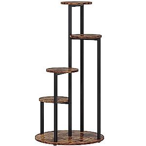 LITTLE TREE 5-Tier Corner Plant Stand, Free Standing Wood Metal Flower Rack Pot Shelf Display with Round Board, Garden Patio Balcony Plant Holder for Indoor Outdoor Living Room, Bedroom, Rustic Brown