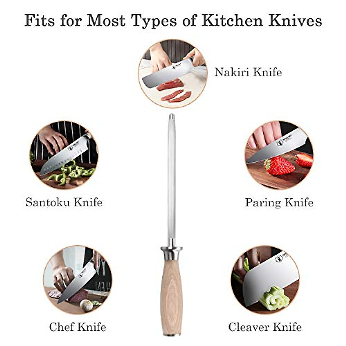 WALLOP Honing Steel - Kitchen Knife Sharpener Rod 8 inch - German HC Stainless Steel Honing Steel for Honing Chef Knife Blades - Natural Pakkawood Handle with Gift Box