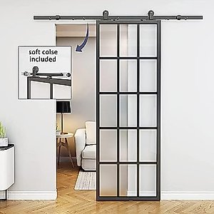 BARNSMITH 30in x 84in Frosted Glass Barn Door with 6FT Top Mounted Hardware kit Include Soft Close Mechanism DIY 15 Lites Modern Aluminum Frame Glass Sliding Barn Door Disassembled Easy Installation
