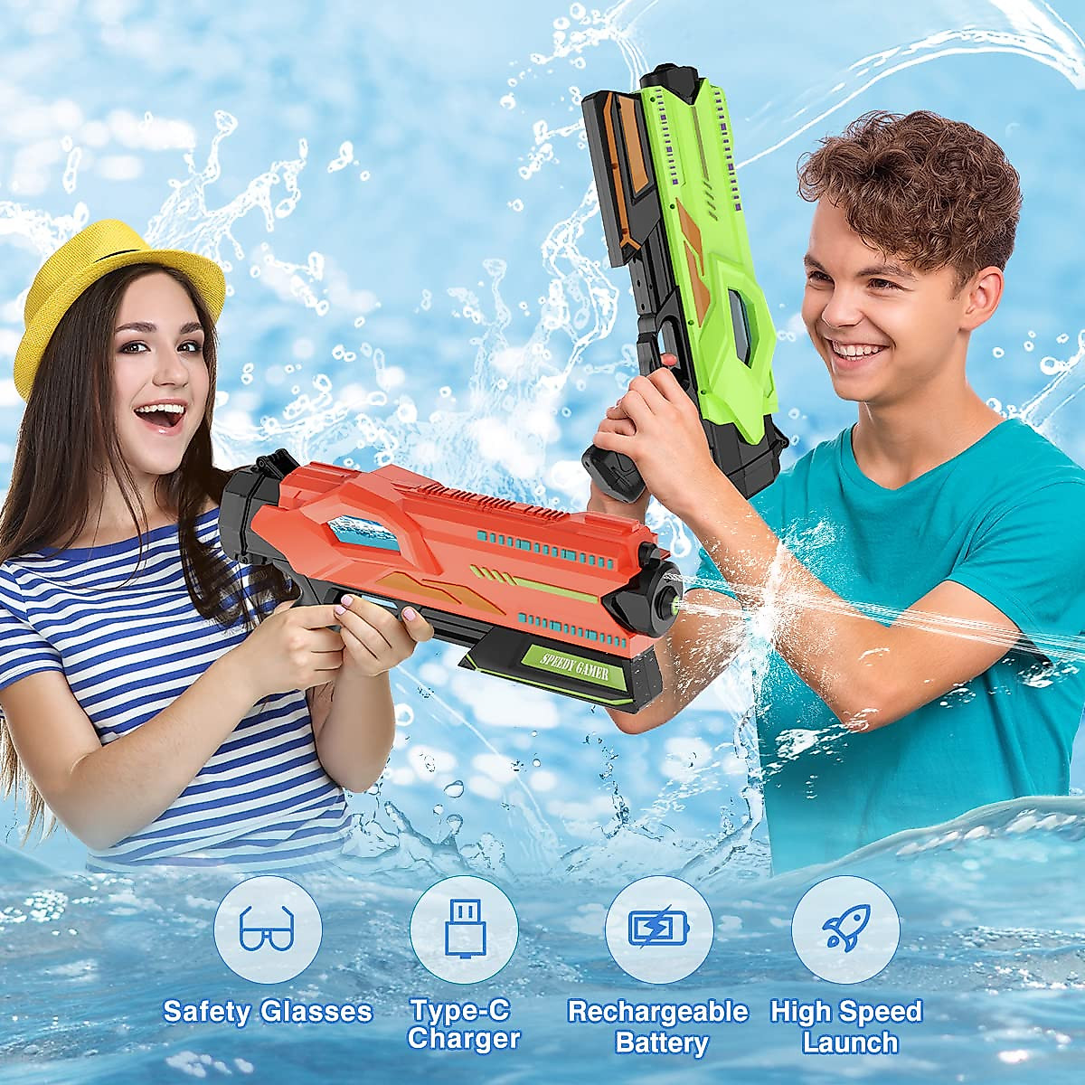 VATOS 2 Pack Electric Water Guns for Kids Adults, Auto Squirt Guns Range up to 32 FT + 1000CC High Capacity,Motorized Electric Water Guns Toys for Summer Outdoor Swimming Pool Beach Water Fighting