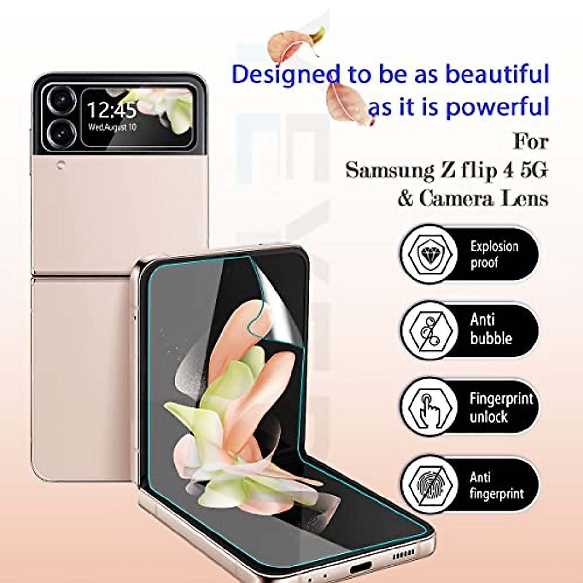 Galaxy Z Flip 4 5G Screen Protector + Camera Lens Protectors By YEYEBF, [2+2 Pack] Full Coverage Screen Protector for Galaxy Z Flip 4 [Case-Friendly][Anti-Shatter][3D Glass]