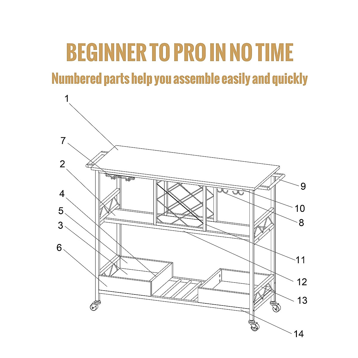 VEVOR Bar Cart, Home Serving Cart, 3 Tiers 300 LBS Industrial Rolling Beverage Station on Lockable Wheels, Mobile Alcohol Drink Cart with Removable Tray Wine Rack Glass Holder for Kitchen Dining Room