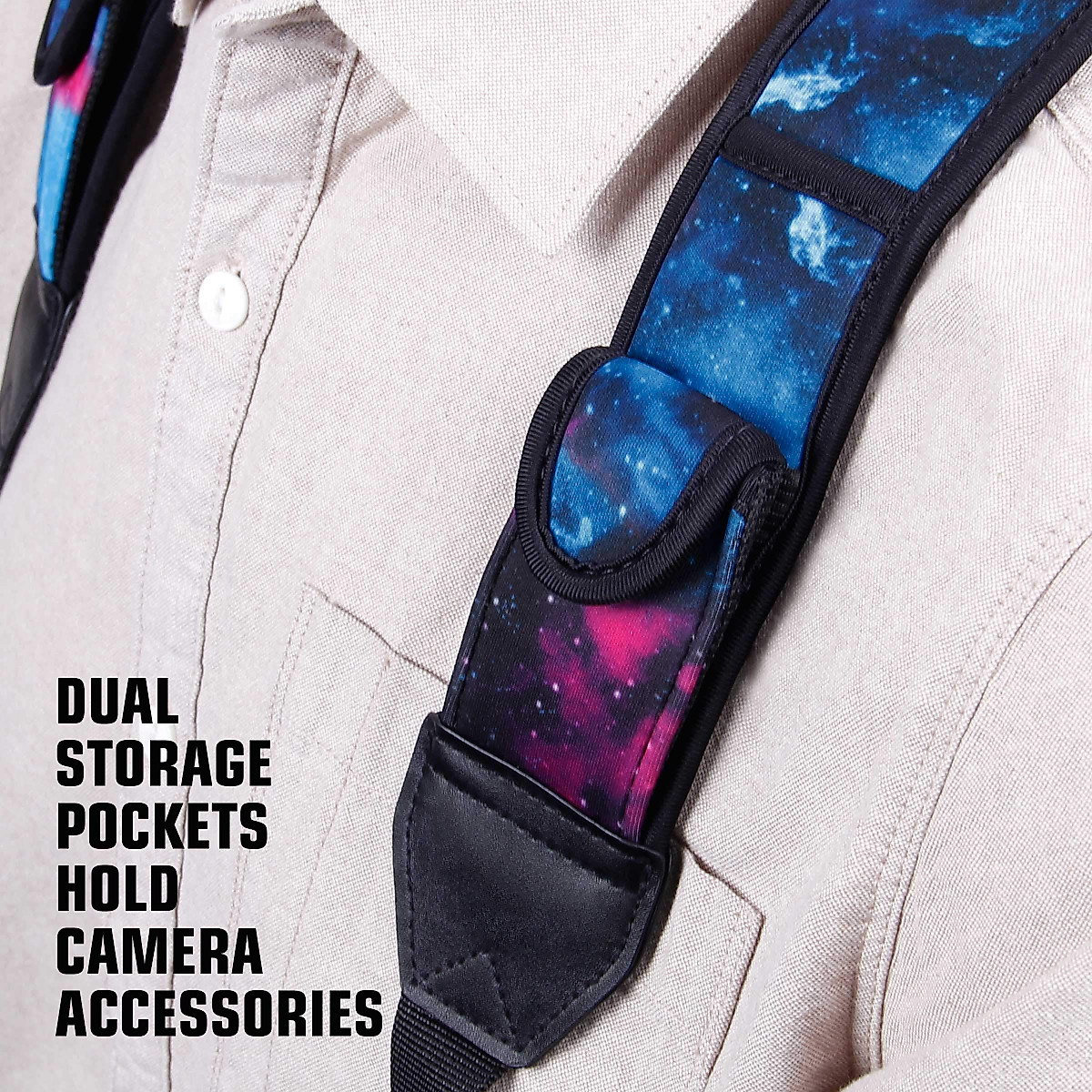 USA Gear DSLR Camera Strap Chest Harness with Quick Release Buckles, Galaxy Neoprene Pattern and Accessory Pockets - Compatible with Canon, Nikon, Sony and More Point and Shoot and Mirrorless Cameras