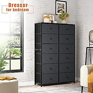 EnHomee 12 Drawer Dresser, Tall Dressers for Bedroom with Wooden Top and Metal Frame, Black Dresser & Chest of Drawers for Bedroom, Closet Living Room, Black Grey, 11.9" D x 34.8" W x 52.2" H