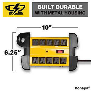 Thonapa Heavy Duty Surge Protector Power Strip, 10 Outlet 14/3 SJT Industrial Black & Yellow Metal Surge Suppressor with 15 Foot Long Extension Cord | American Owned Business