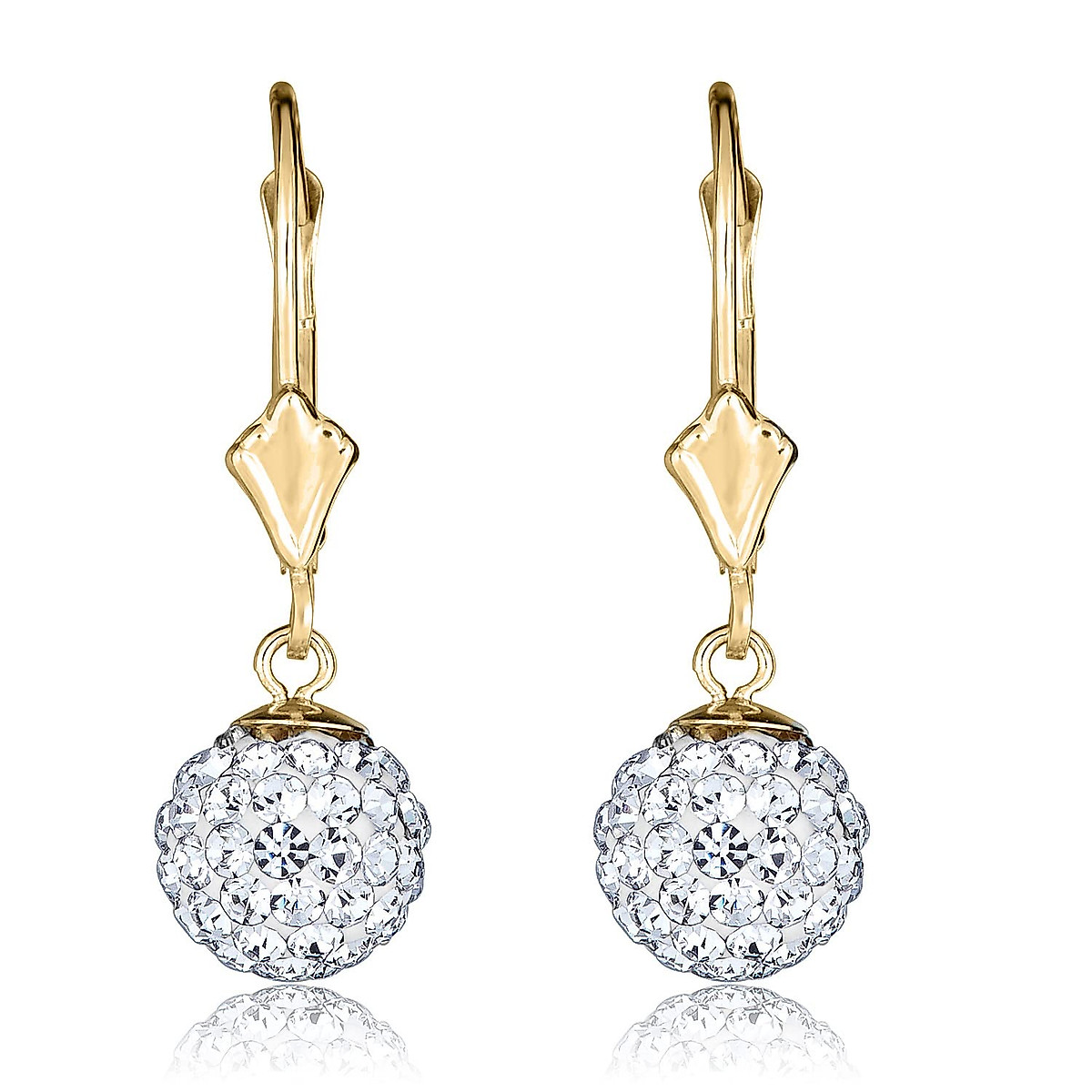 AVORA 10K Yellow Gold 8mm Swarovski Elements Crystal Dangle Ball Lever-back Drop Earrings