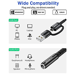 USB to 3.5mm Jack Audio Adapter USB C to 3.5mm Female AUX Adapter USB A Sound Card TRRS 4 Pole for Headphone Speaker PS4 PS5 PC Compatible with Pixel 5 4 3 XL Samsung Galaxy S21 S20 FE and More