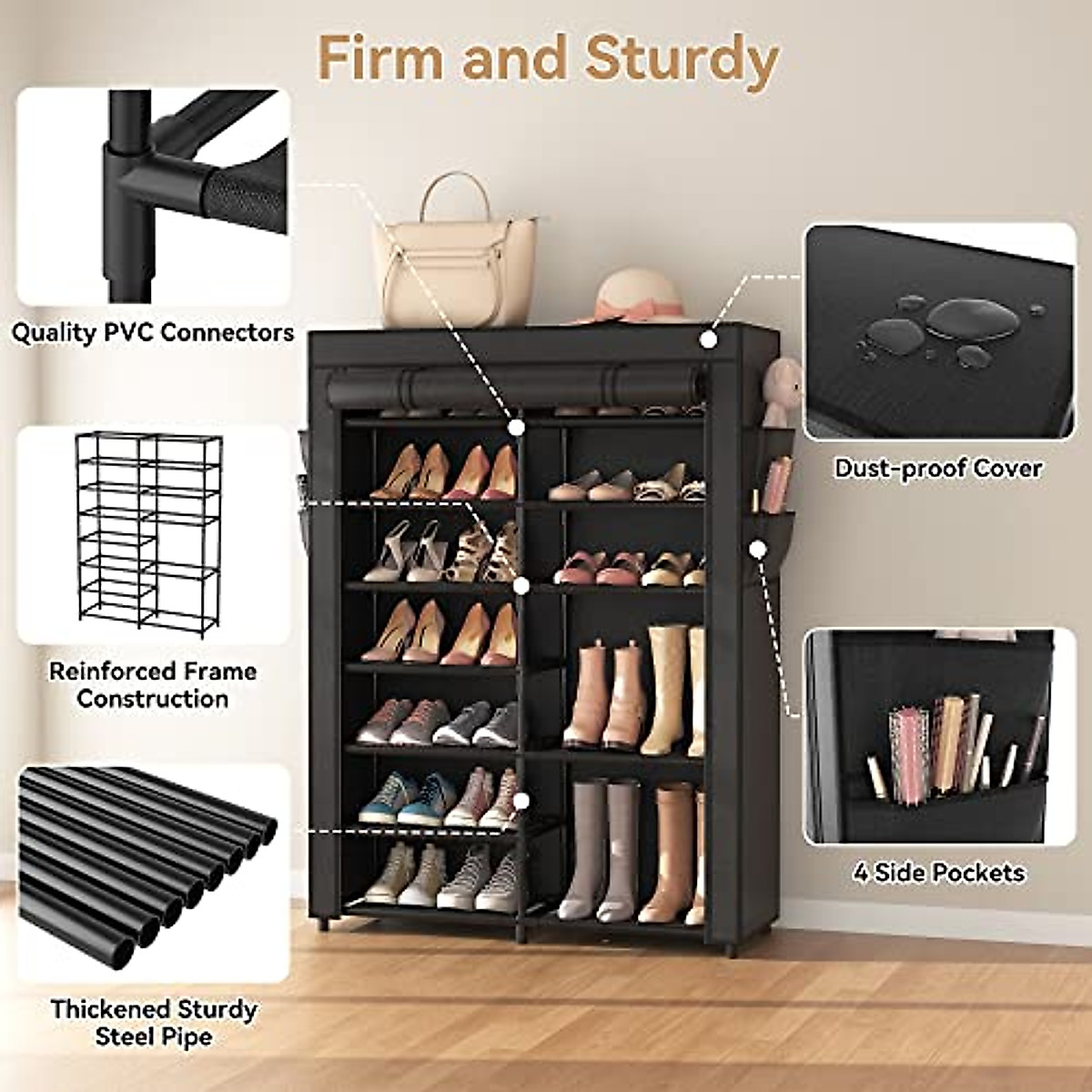 LANTEFUL Shoe Rack with Covers, 8 Tier Shoe Rack Organizer for Closet Entryway Garage, Metal Free Standing Shoe Storage Shelf Cabinet Holds up to 28-35 Pairs